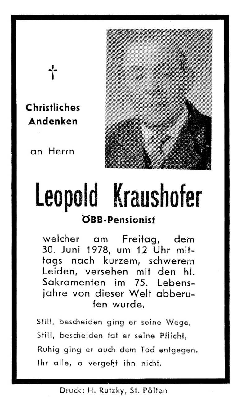 Kraushofer Leopold * 01. September 1903 in Hafnerbach † 30. Juni 1978